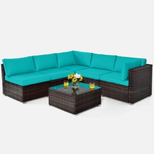 tangkula 6 pieces patio furniture set, outdoor wicker conversation set with glass coffee table, wicker sofa set with back & seat cushions, rattan sectional conversation set for backyard garden