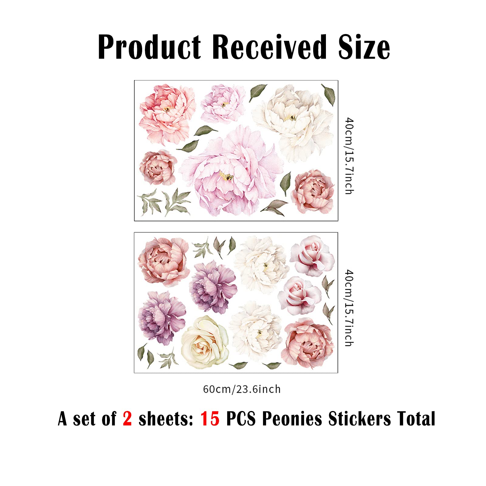 Large Floral Wall Sticker, 15 Peonies Set Wall Decals Large Pink White Purple Flowers for Living Room Nursery Removable Wall Decorations Abstract Modern Wall Art