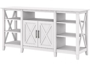 bush furniture key west tall tv stand for 65 inch tv in pure white oak, farmhouse entertainment center with storage