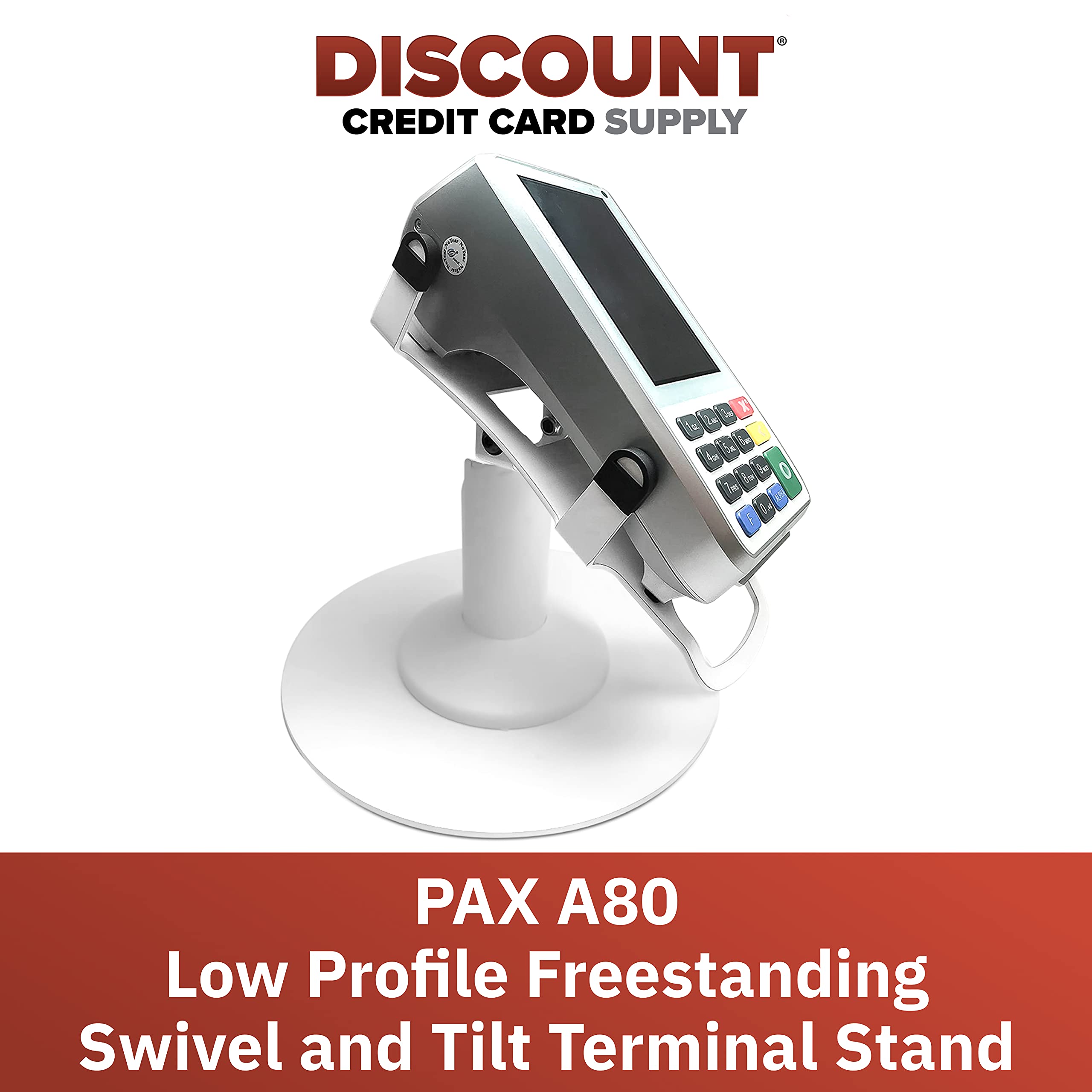 Discount Credit Card Supply DCCStands PAX A80 Freestanding Swivel and Tilt Low Profile 4" Terminal Stand with Round Plate, White