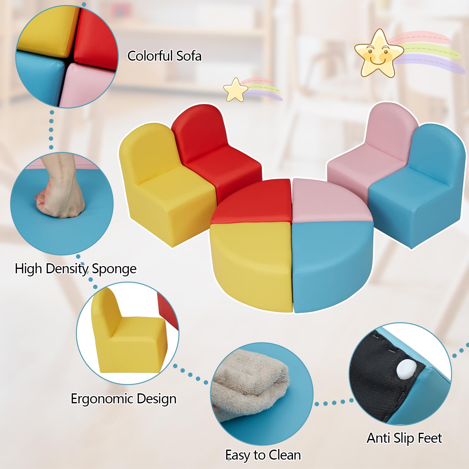 Kinsuite Kids Sofa Seating Set Convert to Table and 4 Chairs Colorful Stools for Toddlers Soft Foam Play 8 PCs Set for Classroom