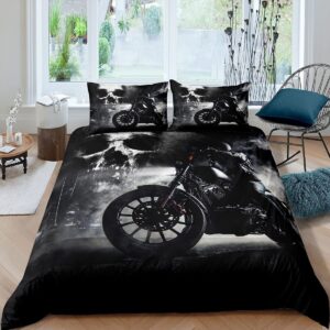 black motorcycle rider comforter cover set gray skull and mist decor duvet cover king size,extreme sport for boys teens men bedding set microfiber polyester chic quilt cover set