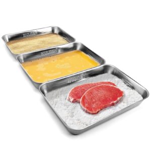 hulisen breading trays set of 3, large stainless steel breading pans for dredging chicken breasts and marinating meat, interlocking food prep trays for coating fish and breadcrumb dishes, oven safe