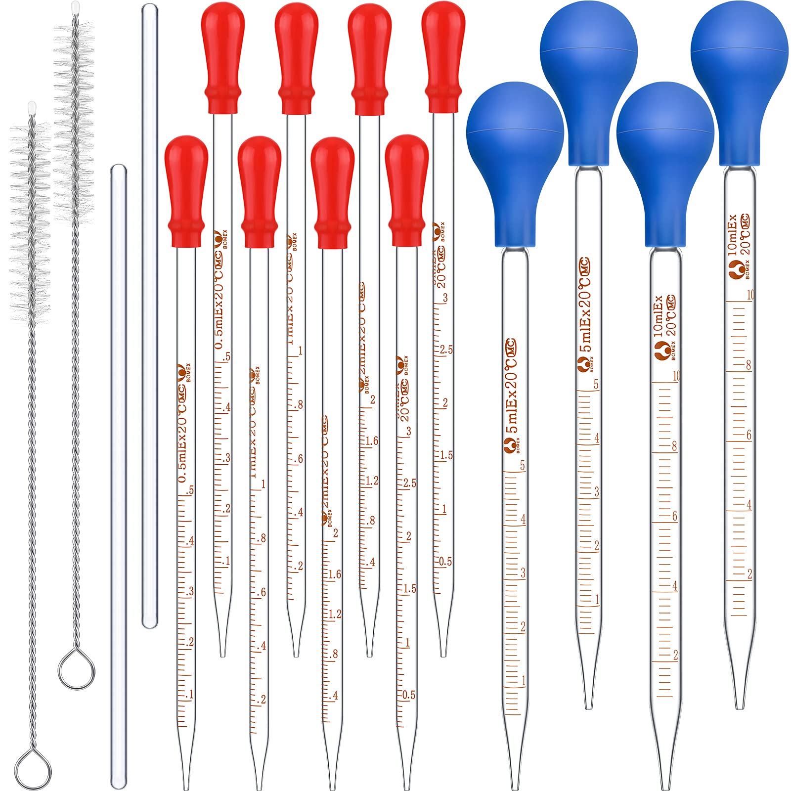 16 Pieces Glass Pipettes Graduated Dropper 2 PCS 10 ml 5 ml 3 ml 2 ml 1 ml 0.5 ml Glass Liquid Dropper with Rubber Caps 2 Pcs 20 cm Glass Stir Rod and 2 Washing Brush for Transfer Liquid Essential Oil