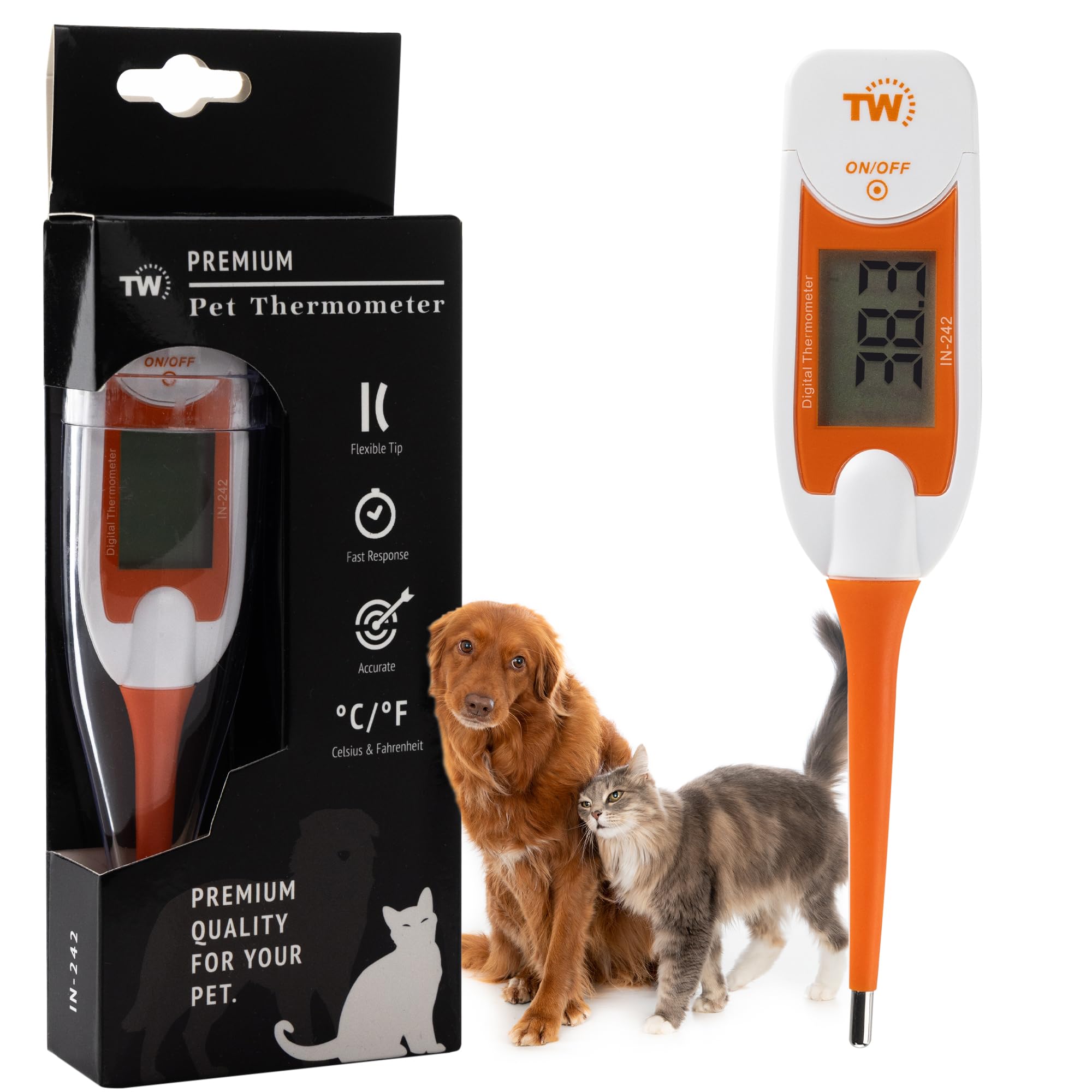 Premium Pet Thermometer for Dogs and Cats Animal Owners of Dog Puppy Cat Horse Equine Flexible Digital Rectal Temperature Dog Thermometer Probe with Vets Veterinary Hobdays Chart