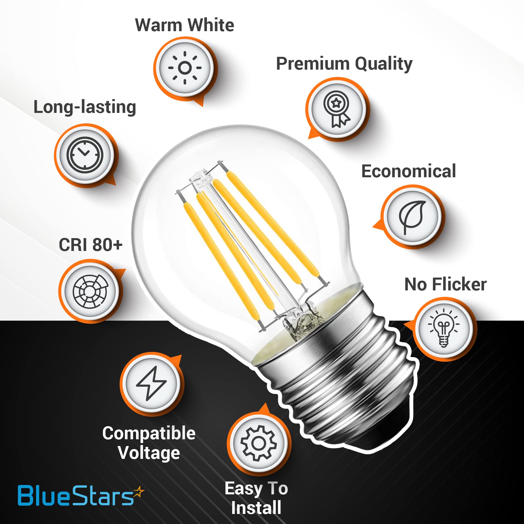 BlueStars G45 E26 Edison LED Filament Globe Bulb 120V 5W (60 Watt Equivalent), 2700K Warm White 550lm Non-Dimmable for Home Decoration, Pendant, Antique Light Fixtures, 6 Packs