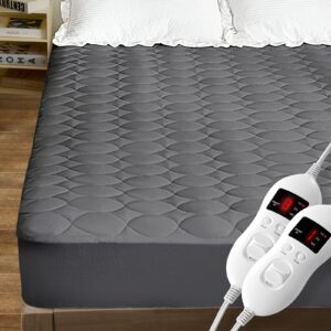 king size heated mattress pad water-resistant electric mattress pad cover bed topper stretches up 8-21" deep pocket, grey