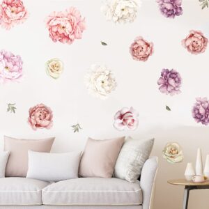 Large Floral Wall Sticker, 15 Peonies Set Wall Decals Large Pink White Purple Flowers for Living Room Nursery Removable Wall Decorations Abstract Modern Wall Art