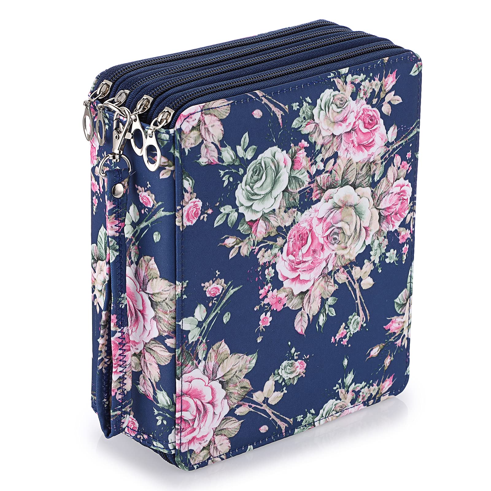 BTSKY Colored Pencil Bag- 160 Slots Pencil Holder Pen Bag Large Capacity Pencil Organizer with Handle Strap Handy Colored Pencil Box with Printing Pattern (Dark Blue Rose)