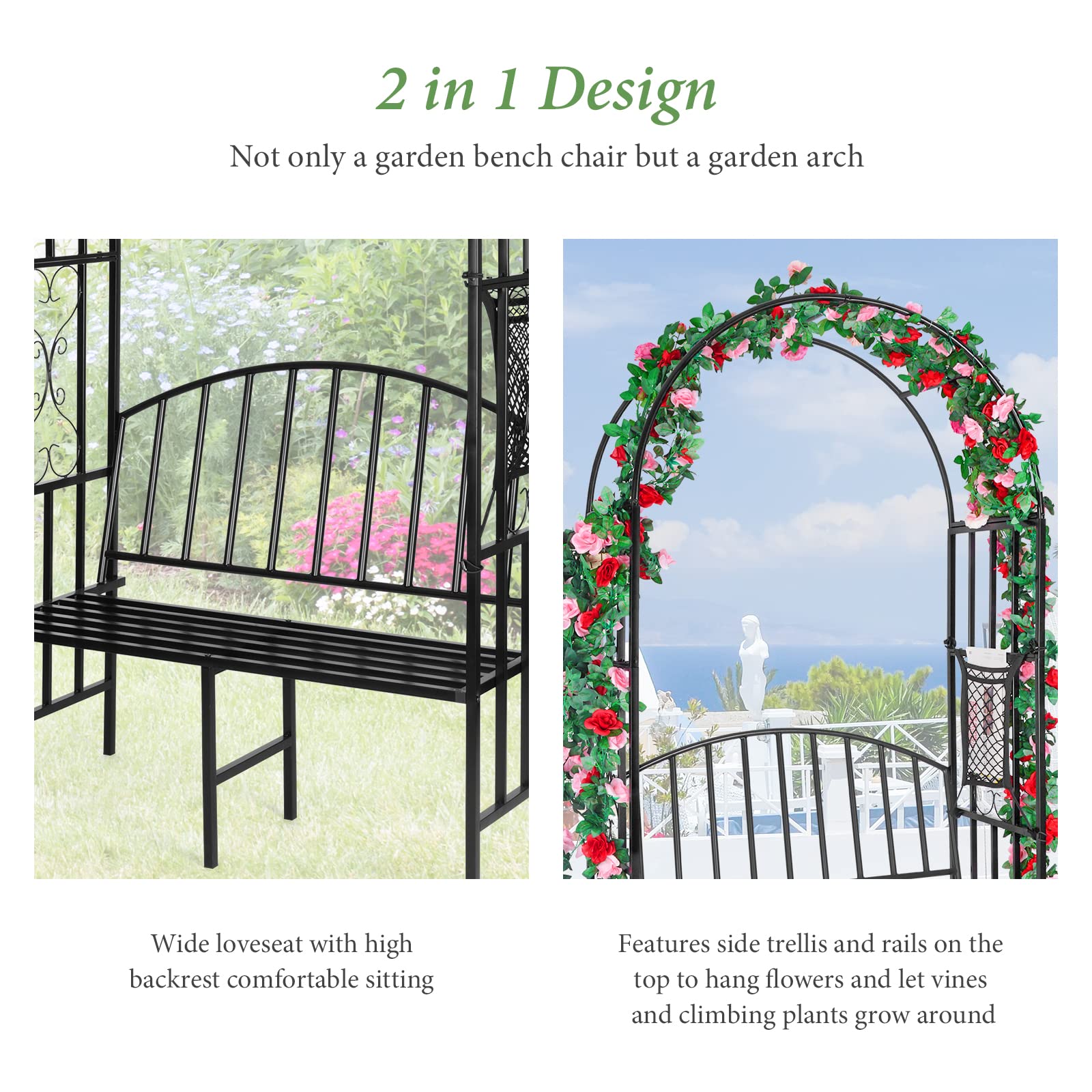 Garden Arch Heavy Duty (Holds 660lbs-250kg) | Metal Arbor Archway for Climbing Plant & Two People Seat Bench |Outdoor Lawn Backyard Decor 81 x 45.3 x 20 in - Black