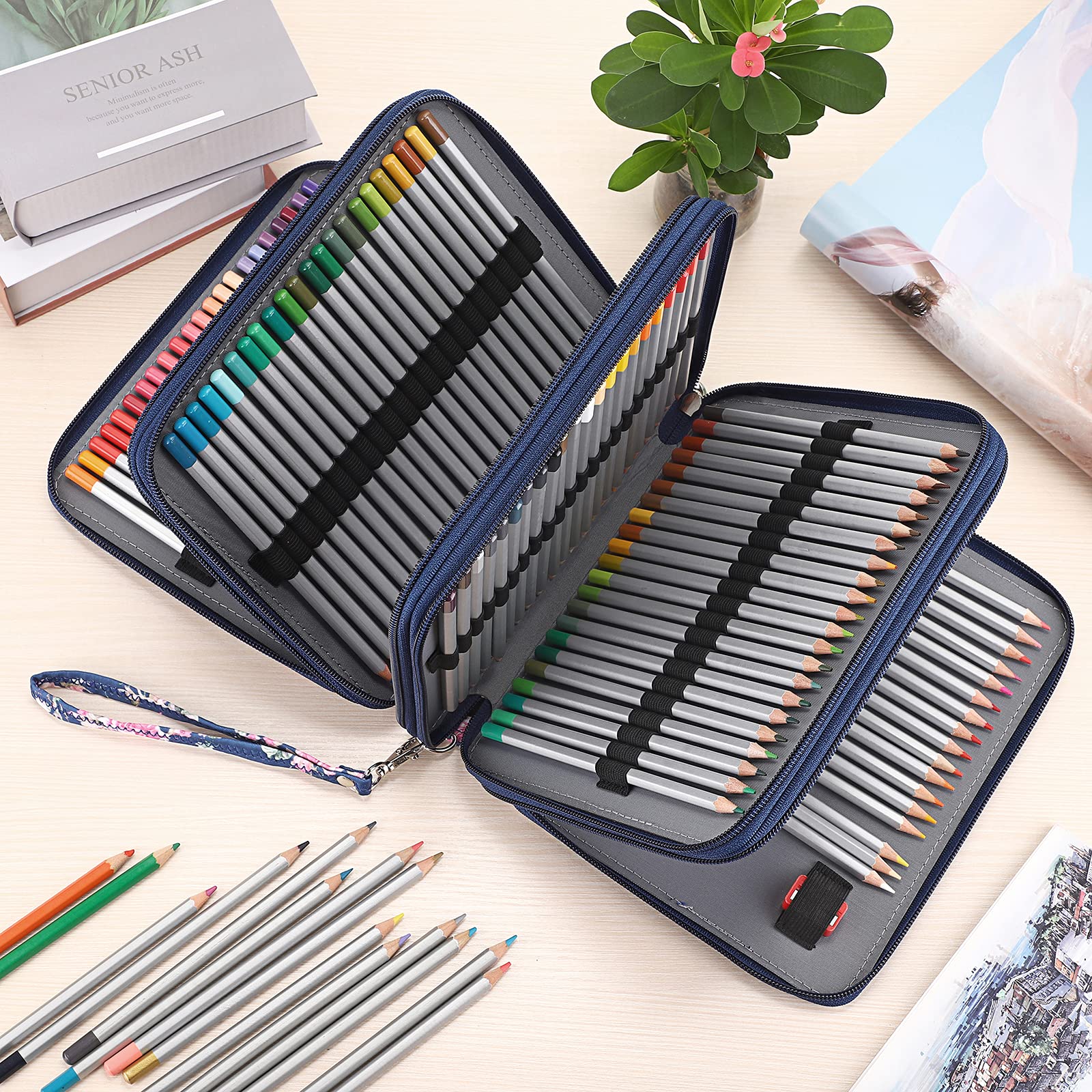 BTSKY Colored Pencil Bag- 160 Slots Pencil Holder Pen Bag Large Capacity Pencil Organizer with Handle Strap Handy Colored Pencil Box with Printing Pattern (Dark Blue Rose)