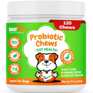 inner paw probiotics for dogs - digestive enzymes for gut health, diarrhea & bowel support, seasonal allergies, dog supplement for pet immune system, dog vitamin - 120 soft chews - chicken