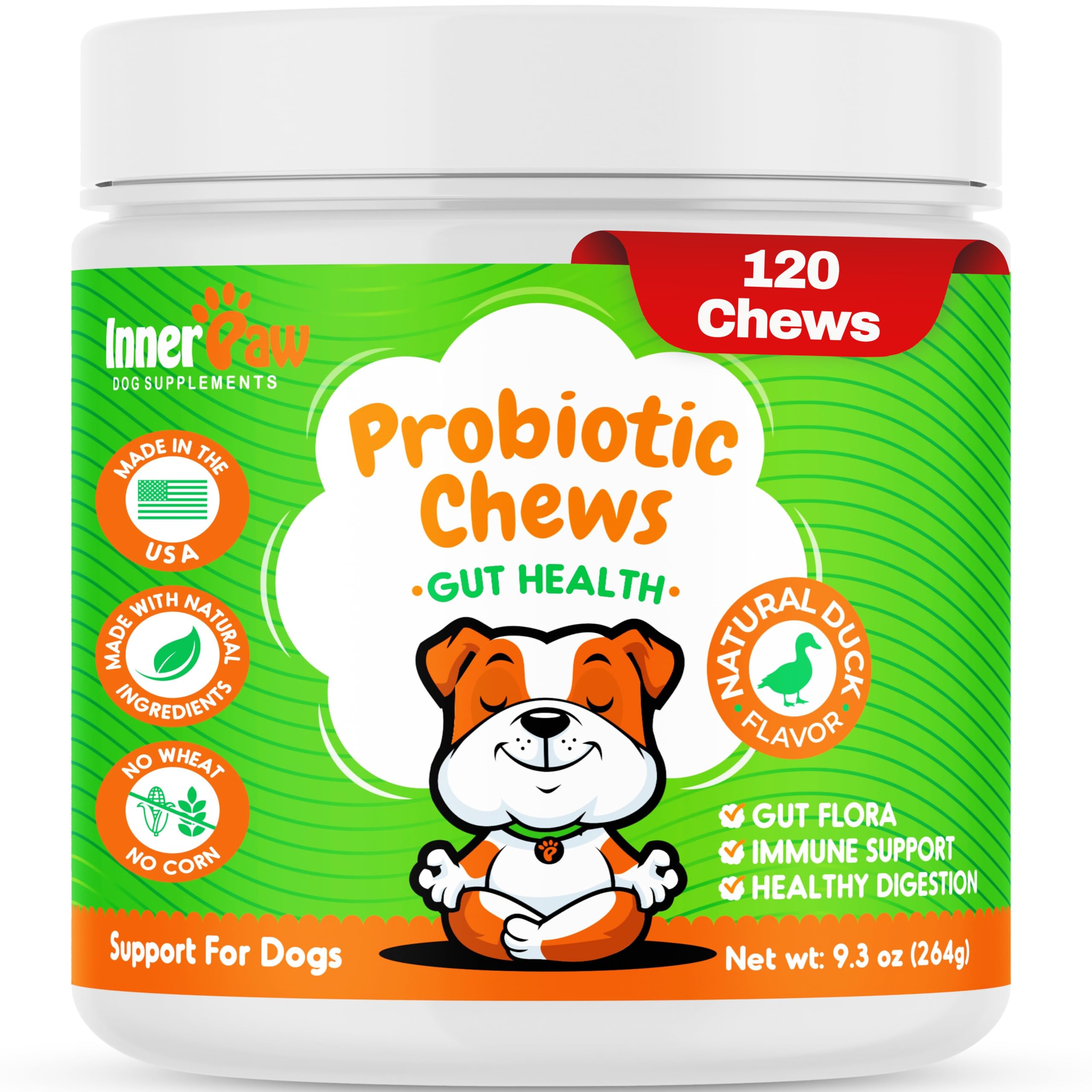 Inner Paw Probiotics for Dogs - Digestive Enzymes for Gut Health, Diarrhea & Bowel Support, Seasonal Allergies, Dog Supplement for Pet Immune System, Dog Vitamin - 120 Soft Chews - Chicken