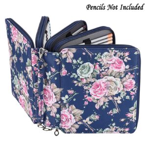 BTSKY Colored Pencil Bag- 160 Slots Pencil Holder Pen Bag Large Capacity Pencil Organizer with Handle Strap Handy Colored Pencil Box with Printing Pattern (Dark Blue Rose)