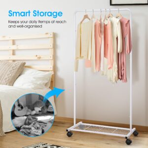 Simple Trending Standard Clothes Garment Rack, Clothing Rolling Rack with Mesh Storage Shelf on Wheels, White