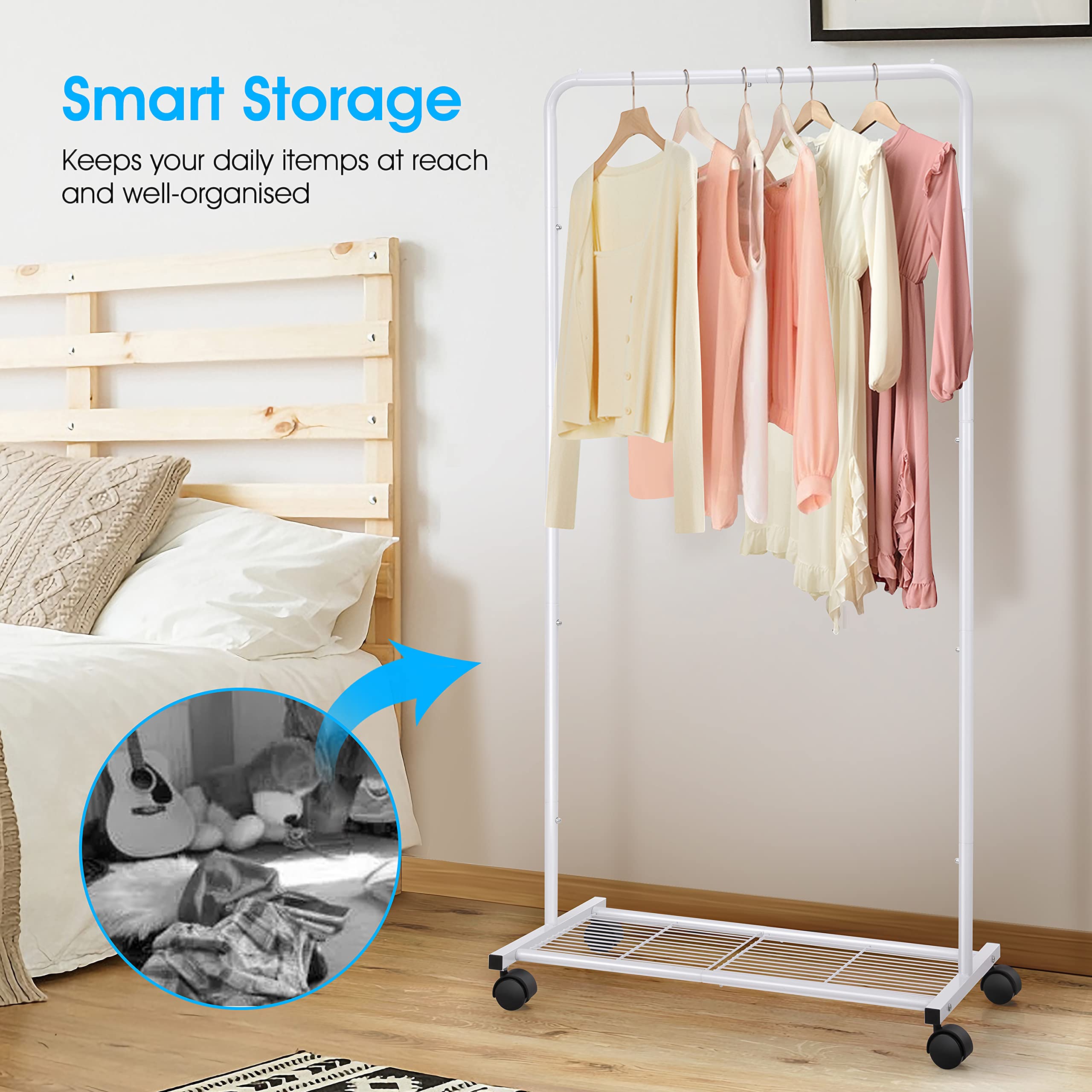 Simple Trending Standard Clothes Garment Rack, Clothing Rolling Rack with Mesh Storage Shelf on Wheels, White