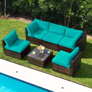 Tangkula 6 Pieces Patio Furniture Set, Outdoor Wicker Conversation Set with Glass Coffee Table, Wicker Sofa Set with Back & Seat Cushions, Rattan Sectional Conversation Set for Backyard Garden