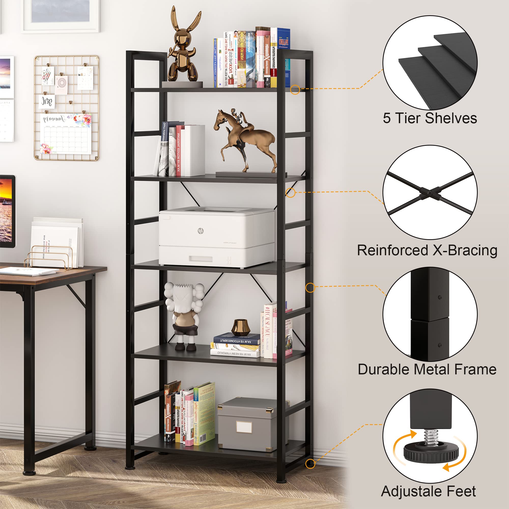 VERMESS Bookshelf Black, 5 Tier Shelving Unit Tall Book Shelf, Wood Bookcase with Open Shelves, Industrial Standing Storage Bookshelves Metal Display Rack for Living Room, Bedroom, Home, Office