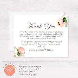 Hello Love Goods Personalized Wedding Thank You Cards with Message, Flat Thank You Note Cards with Pink Floral