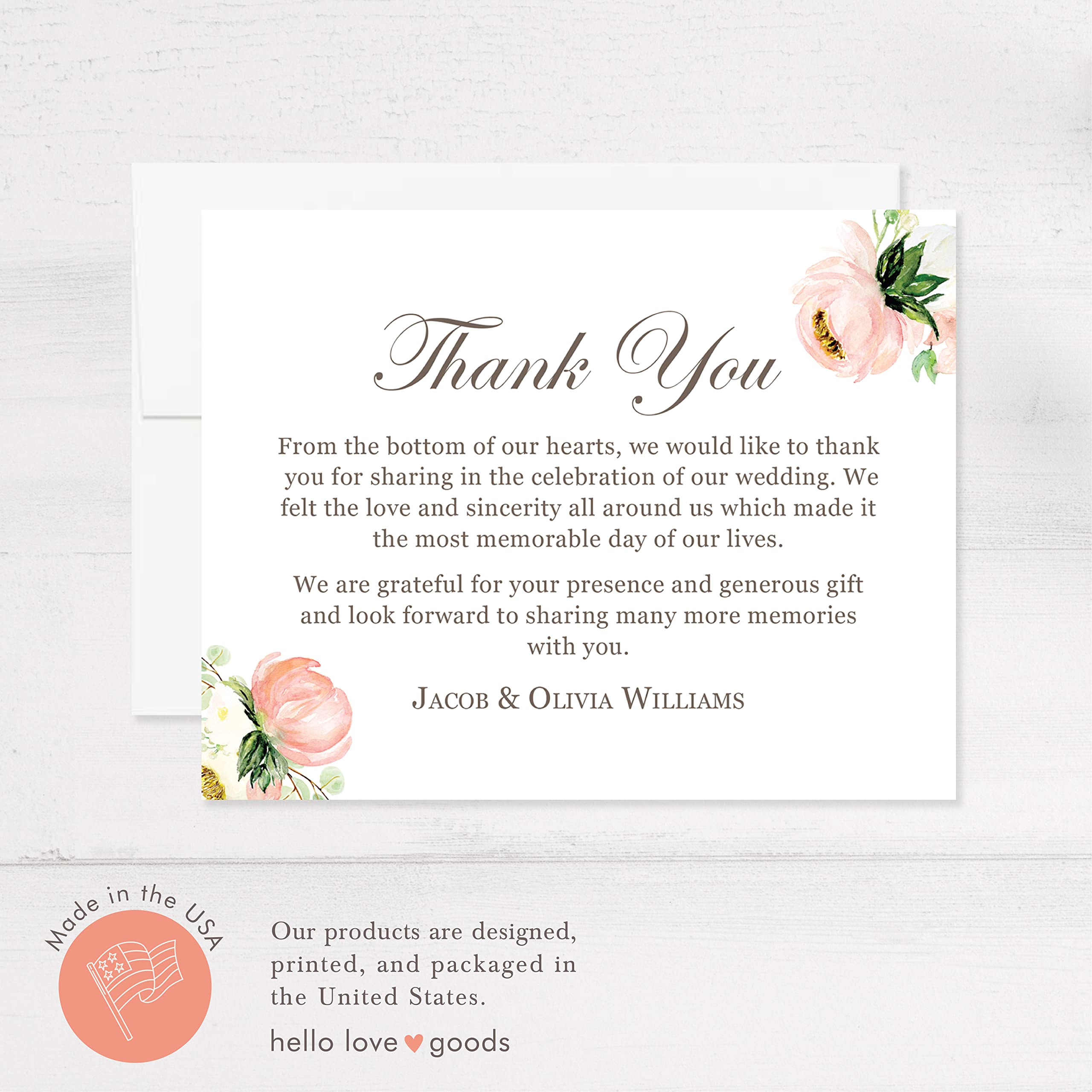 Hello Love Goods Personalized Wedding Thank You Cards with Message, Flat Thank You Note Cards with Pink Floral