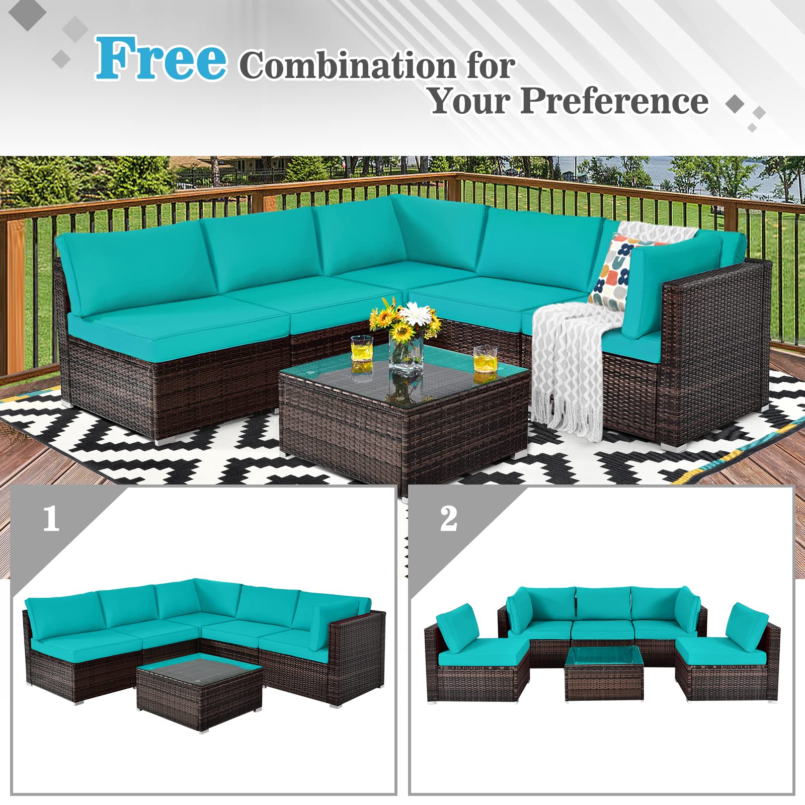 Tangkula 6 Pieces Patio Furniture Set, Outdoor Wicker Conversation Set with Glass Coffee Table, Wicker Sofa Set with Back & Seat Cushions, Rattan Sectional Conversation Set for Backyard Garden