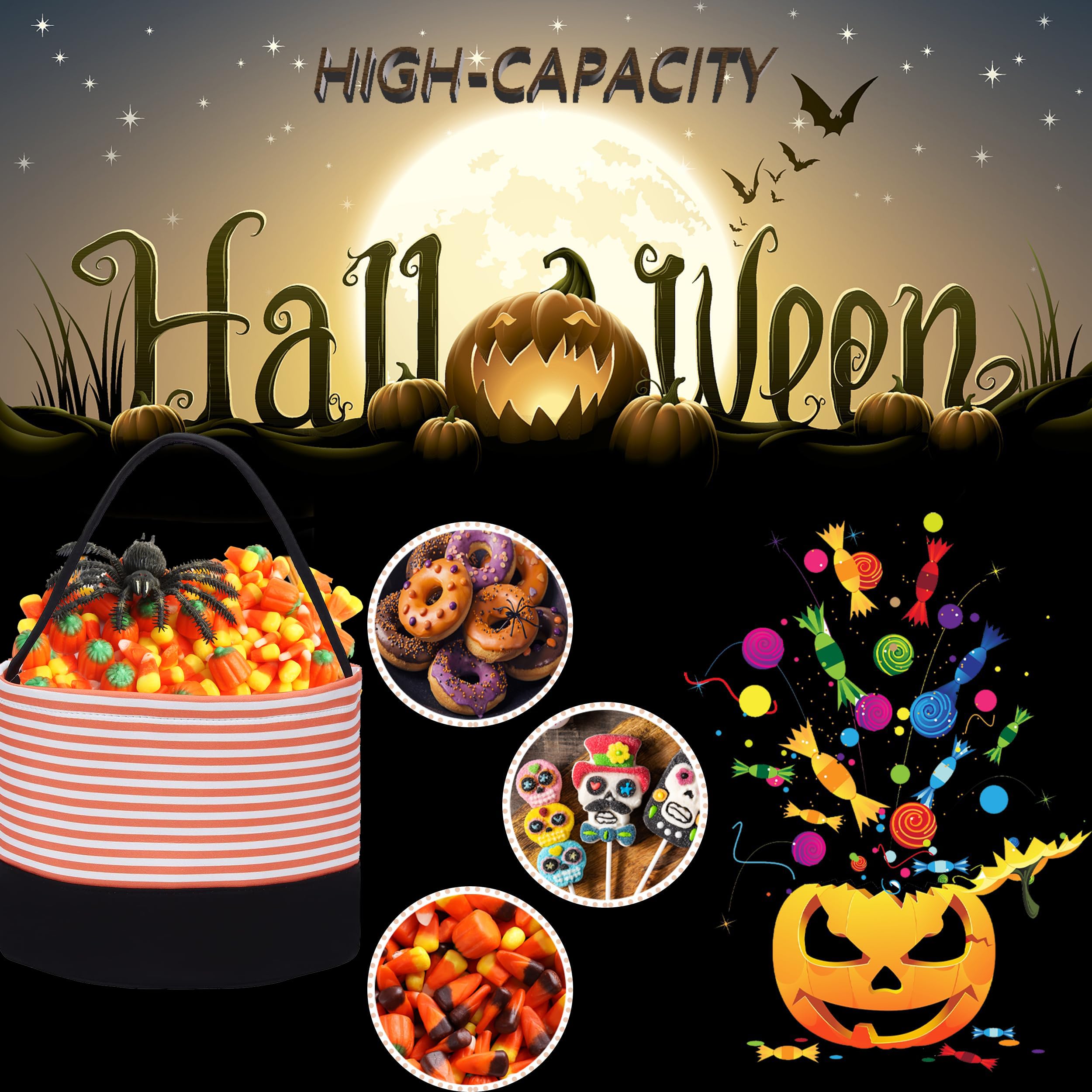 XinblueCo Halloween Trick or Treat Bags Halloween Candy Buckets Fabric Orange Black Purple Basket Candy Corn White Polka Dot Stripe Halloween Party Favor Bags…