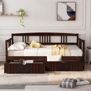 p purlove wood daybed with rails twin bed wooden slats support modern living daybed (twin with drawers, espresso)