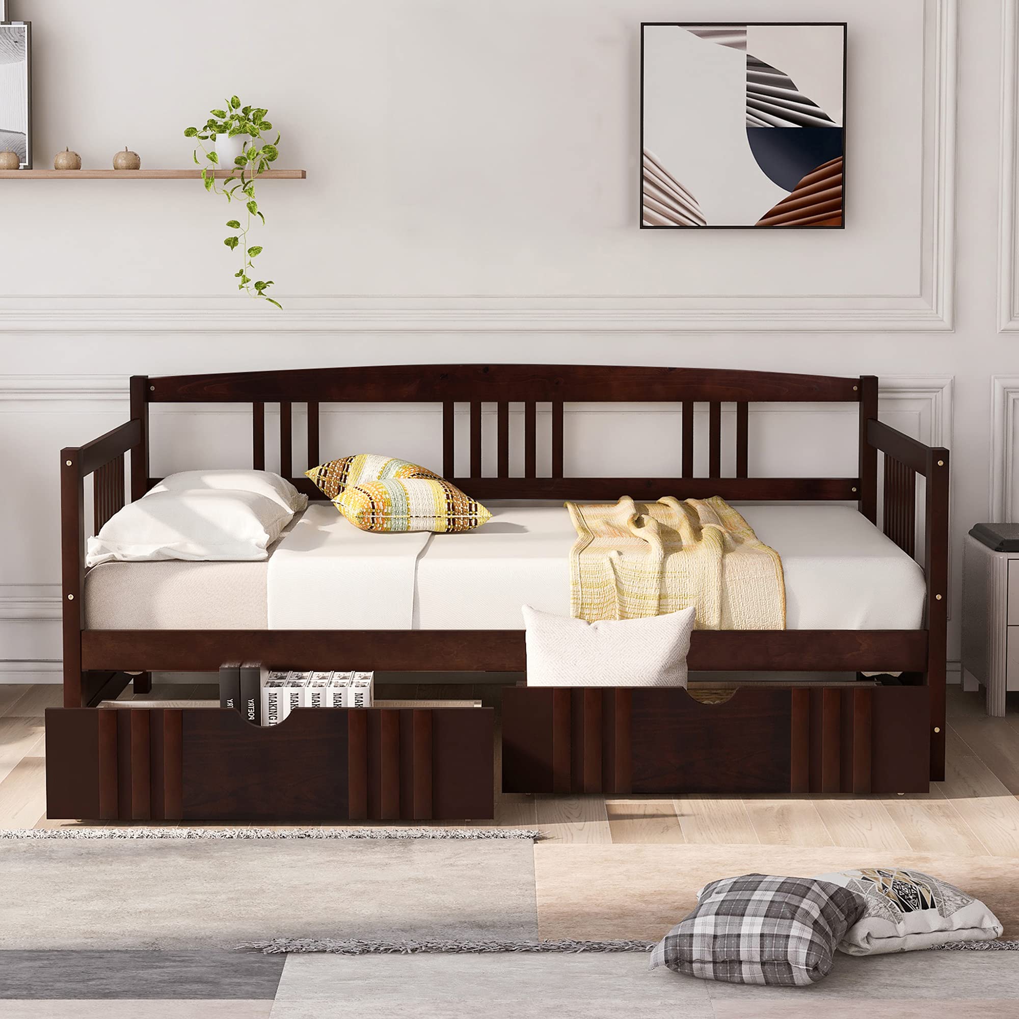 P PURLOVE Wood Daybed with Rails Twin Bed Wooden Slats Support Modern Living Daybed (Twin with Drawers, Espresso)