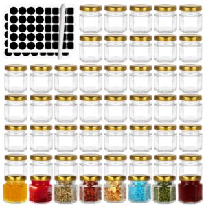 bigivaca 1.5 oz hexagon glass jars with golden lids.set of 48 pack mini canning jars containers for spice jam,jelly, wedding favors, honey and more. small jars.include 1 chalk pen and 80 labels.