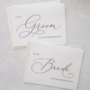 set of 2 wedding day cards with shimmer envelopes, to my bride on our wedding day card, to my groom on our wedding day card