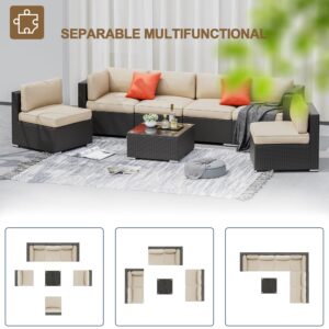 Patiomore 7 Pieces Outdoor Patio Furniture Set, Black Brown Wicker Patio Sectional Sofa Set, Outdoor Couch with Grey Cushion and Tempered Glass Table