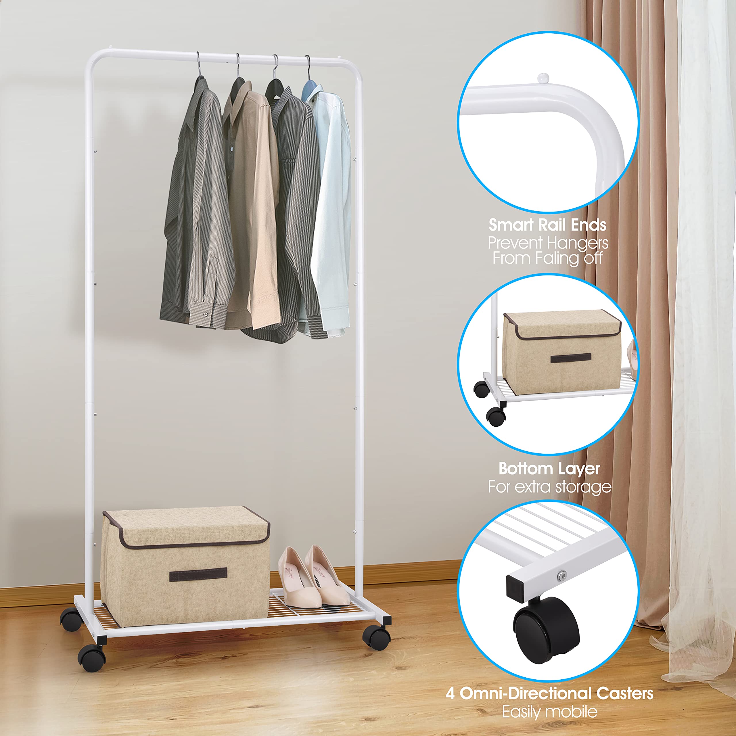 Simple Trending Standard Clothes Garment Rack, Clothing Rolling Rack with Mesh Storage Shelf on Wheels, White