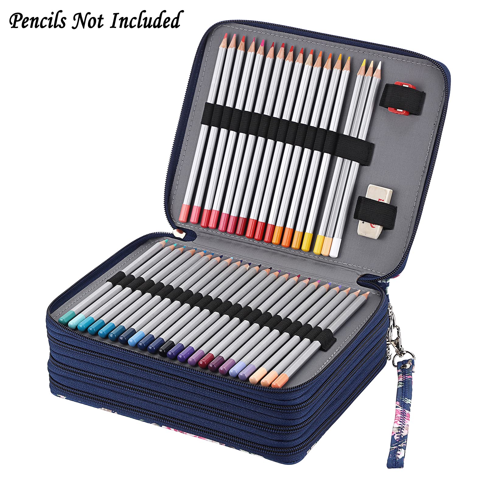 BTSKY Colored Pencil Bag- 160 Slots Pencil Holder Pen Bag Large Capacity Pencil Organizer with Handle Strap Handy Colored Pencil Box with Printing Pattern (Dark Blue Rose)