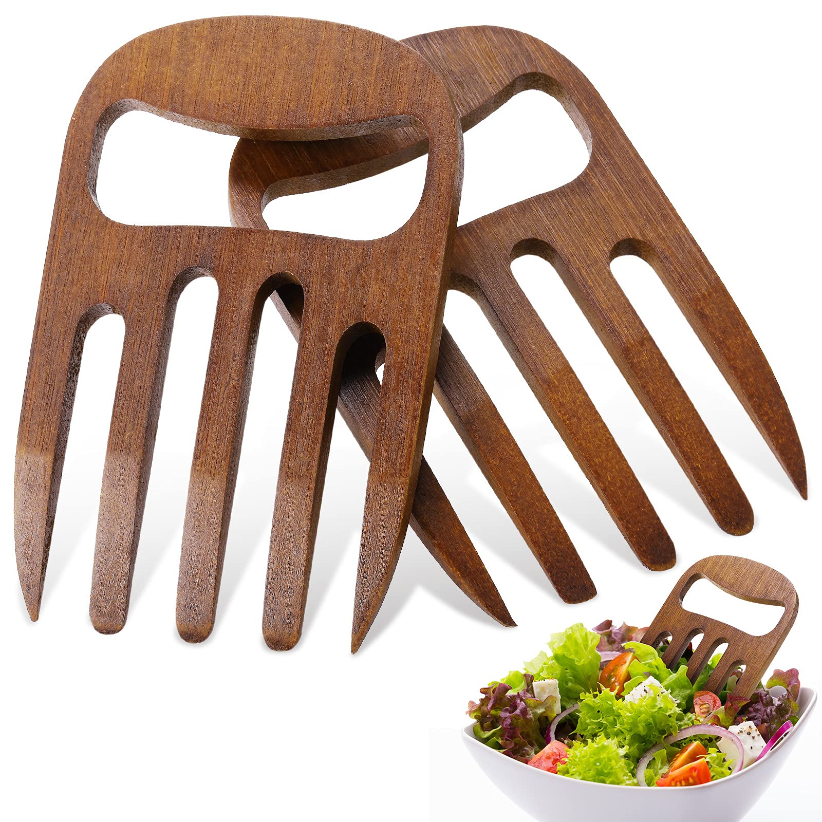 2 Pieces Bamboo Salad Hands, Salad Servers Bamboo Serving Hands Latest Gripper Design Salad Claws Set for Serving Salad, Pasta, Fruit on Your Kitchen Counter, 6 Inches (Coffee)