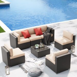 Patiomore 7 Pieces Outdoor Patio Furniture Set, Black Brown Wicker Patio Sectional Sofa Set, Outdoor Couch with Grey Cushion and Tempered Glass Table