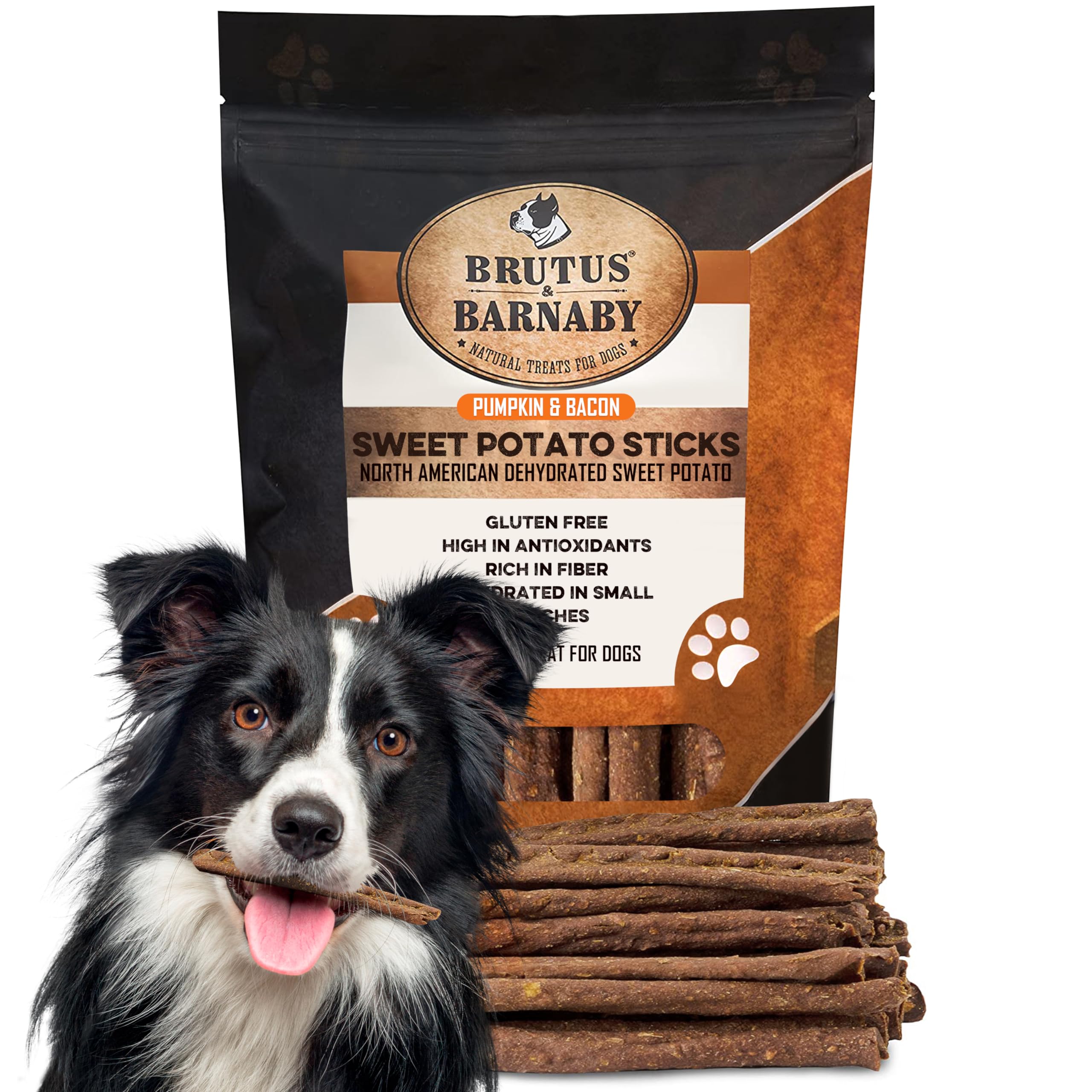 BRUTUS & BARNABY USA Sweet Potato Dog Treats - Grain Free, Pumpkin Bacon Crunchy Sticks - Great Tasting, Promotes Positive Dog Gut Health with Natural Anti-Diarrhea Properties, No Preservatives Added