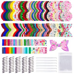 aouxseem 50 set 【random colors】 bows diy making kit for beginners, pre cut faux leather hairbows contains printed/glitter/embossed/textured fabric, with alligator clips for women girls handmade gift