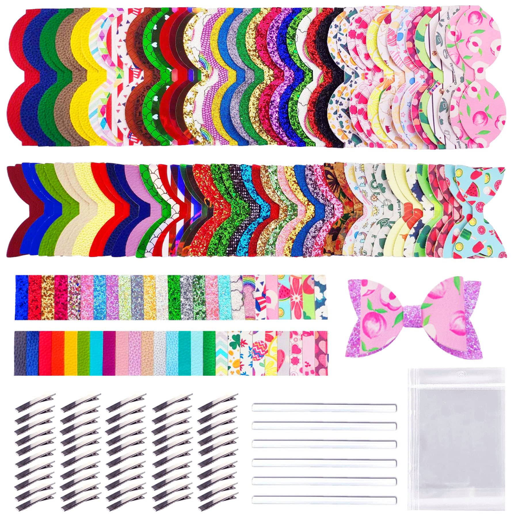 AOUXSEEM 50 Set 【Random Colors】 Bows DIY Making Kit for Beginners, Pre Cut Faux Leather Hairbows Contains Printed/Glitter/Embossed/Textured Fabric, with Alligator Clips for Women Girls Handmade Gift