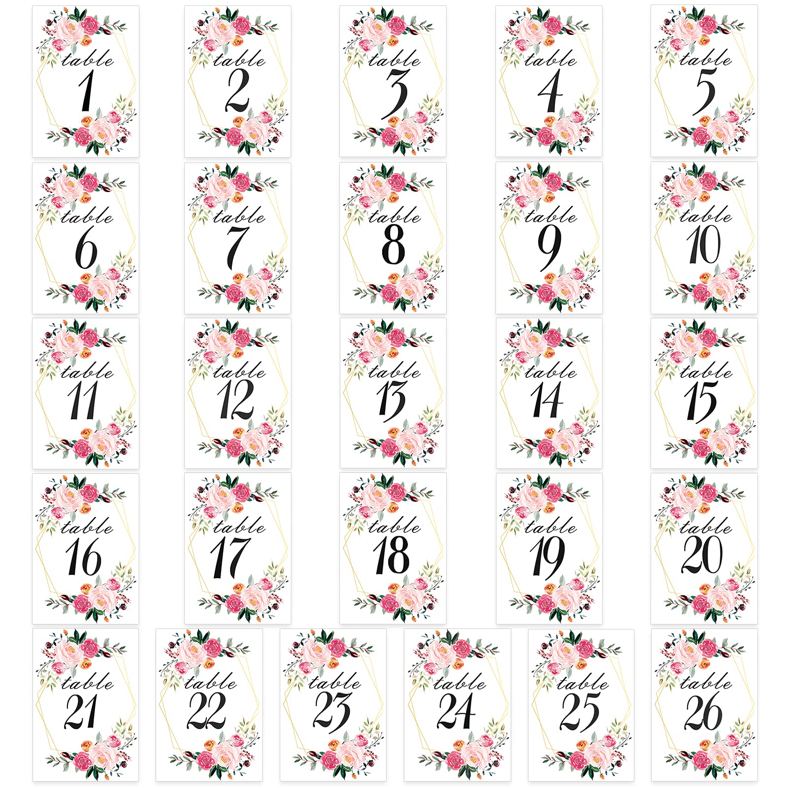 Floral Table Number Cards 1-26, Geometric Floral Table Cards - Double Sided 4 x 6 Card Stock, Table Numbers Cards for Wedding Decorations, Receptions, Party, Baby Showers, Special Event