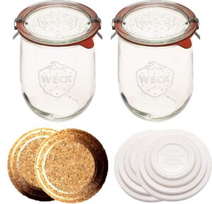 weck jars weck - sour dough starter jars - large glass jars for sourdough with glass lid - tulip jar with wide mouth 1 liter includes cork lid & keep fresh cover (2)