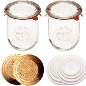 Weck Jars Weck - Sour Dough Starter Jars - Large Glass Jars for Sourdough with Glass Lid - Tulip Jar with Wide Mouth 1 Liter Includes Cork Lid & Keep Fresh Cover (2)