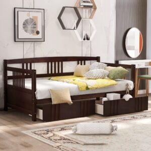 P PURLOVE Wood Daybed with Rails Twin Bed Wooden Slats Support Modern Living Daybed (Twin with Drawers, Espresso)