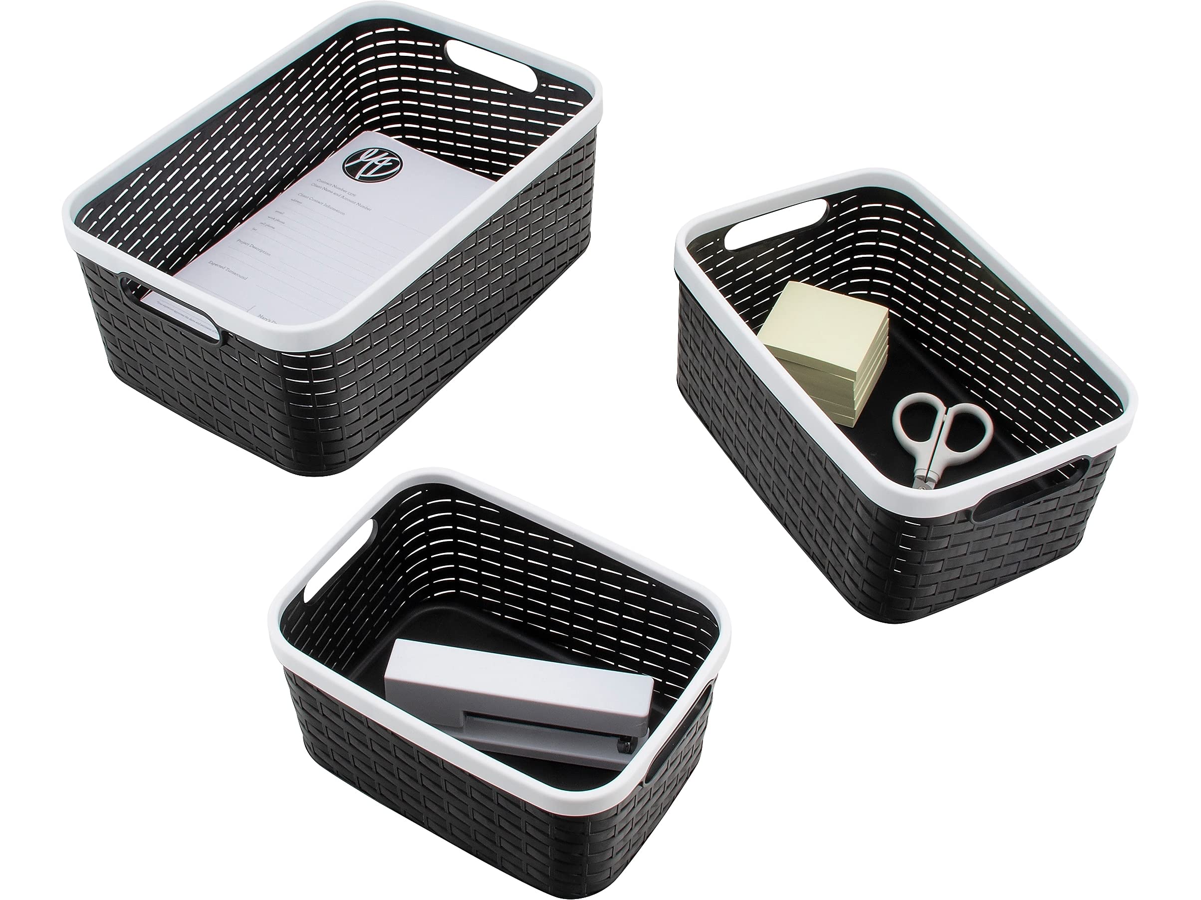 Advantus 39220 Open Lid Storage Bin, Black/White, 3/Pack