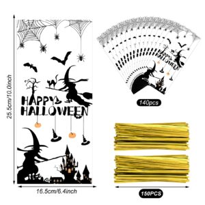 Zonon 140 Pieces Halloween Treat Bags Halloween Bags Plastic Goodie Bags Bulk Clear Candy Cellophane Bags with 150 Pieces Twist Ties for Halloween Party Favor Supplies