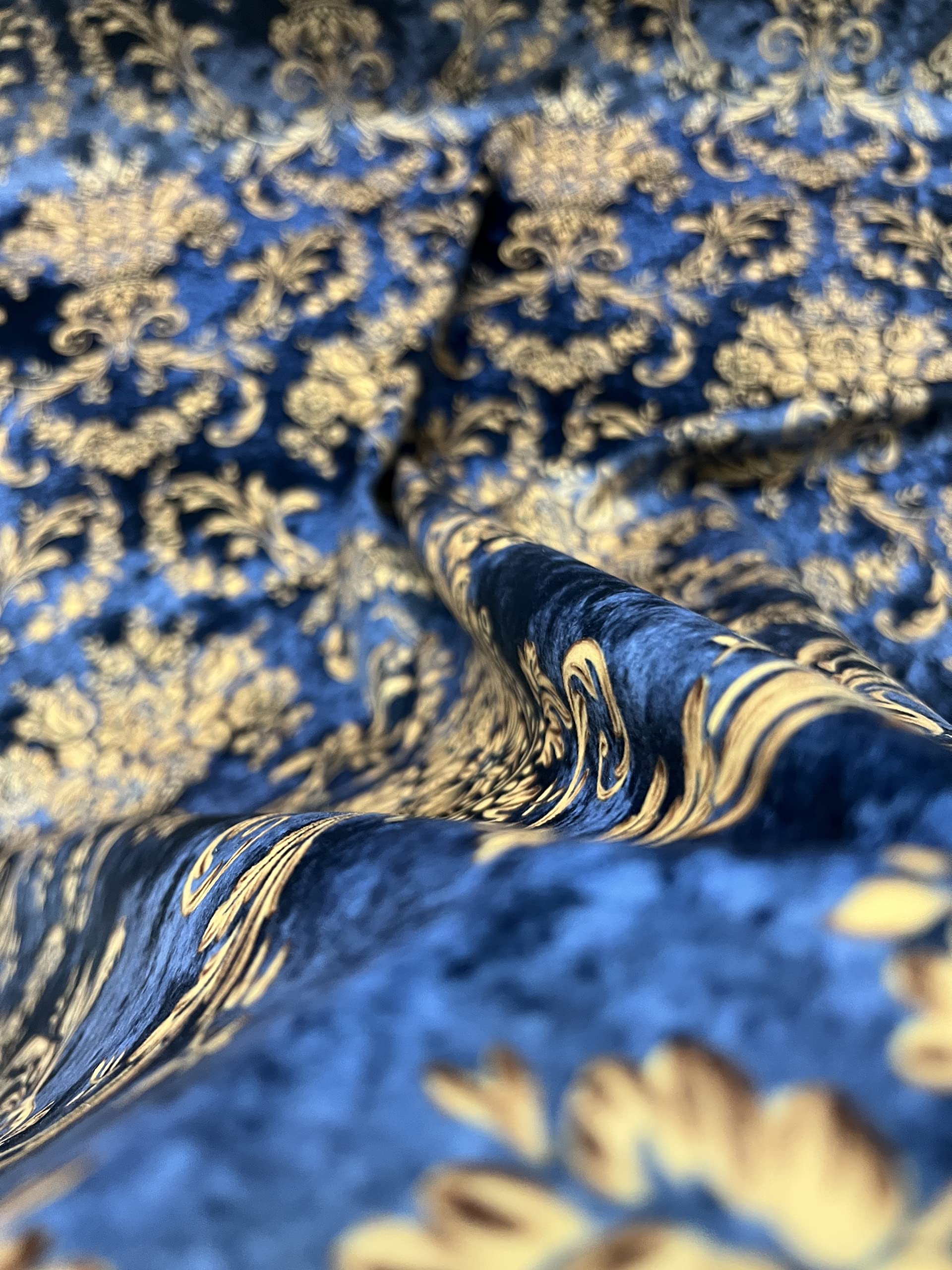 Decora Furnishings Damask Design Digitally Printed Velvet Finish Fabric for Upholstery, Chairs, Cushions, Window Treatments Crafts Rennaisance Rococo Victorian Style 54" Width By the Yard (Royal Blue)