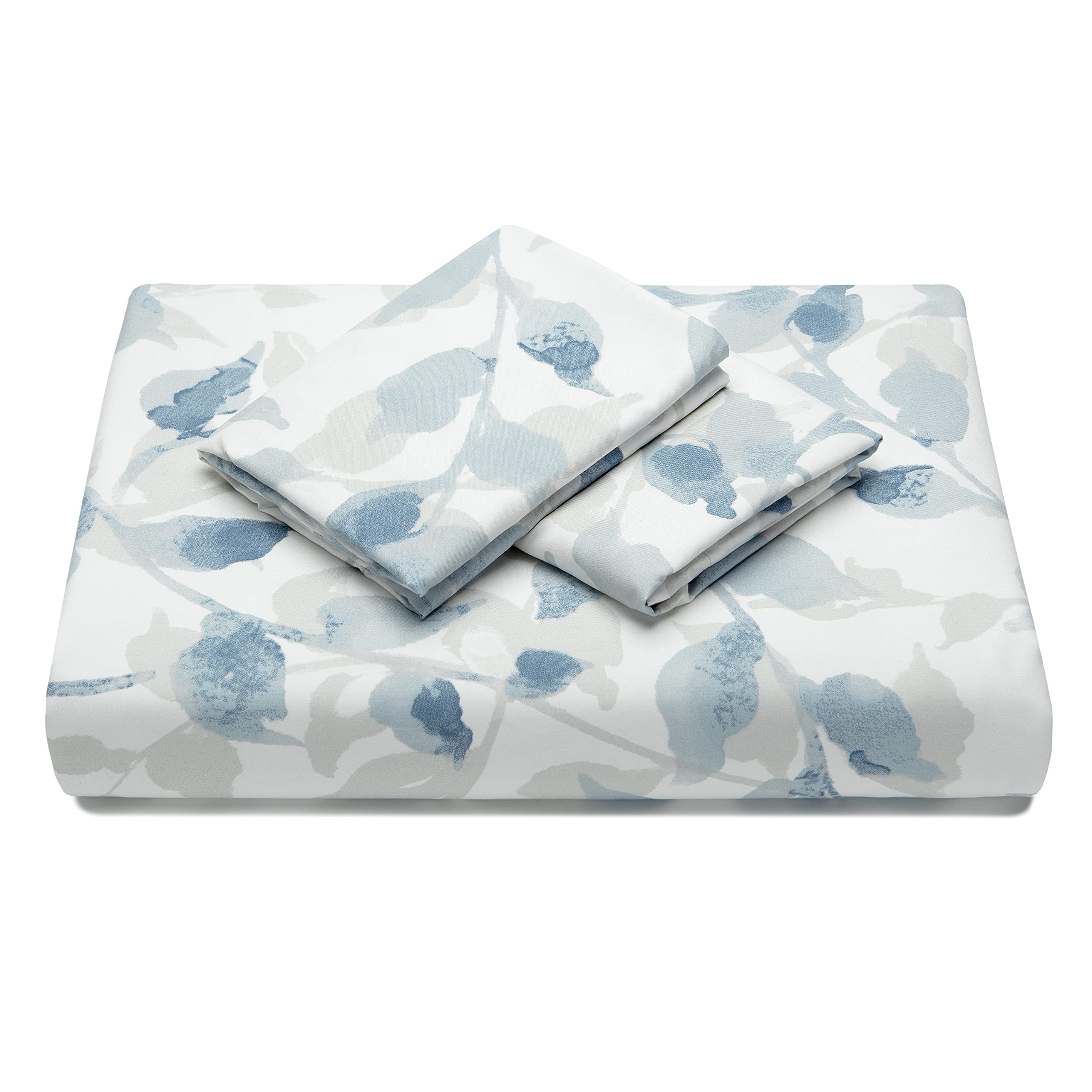 Chanasya Premium 7-Piece King Duvet Cover Set - Costal Blue White Leaves Print Microfiber Bedding Combo - 1 Duvet Cover, 4 Pillow Shams, 1 Fitted Sheet, and 1 Flat Sheet