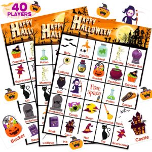 officygnet halloween bingo game card for kids/adults, 40 players for halloween party cards game, family activities, school classroom games, trick or treating, halloween party favors supplies