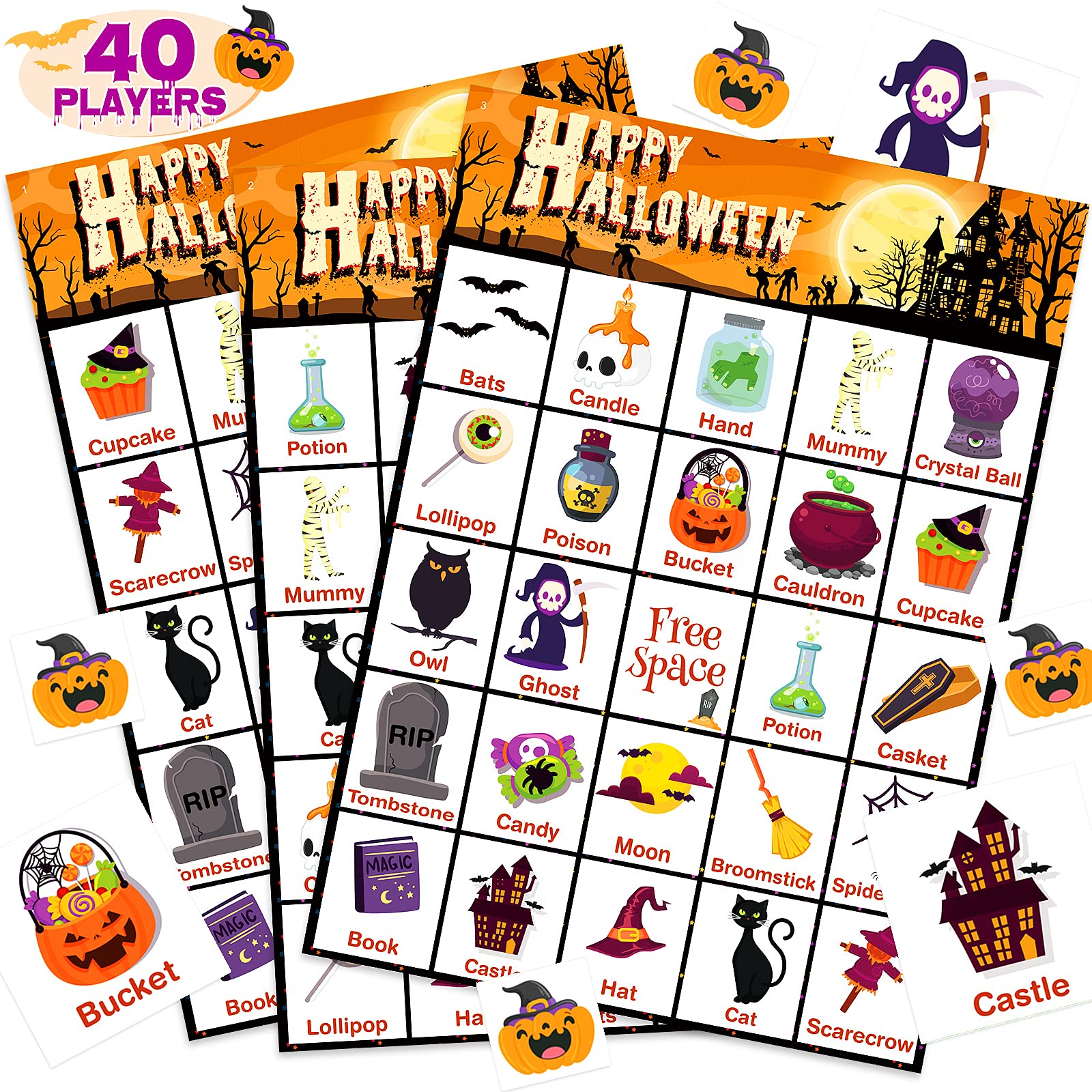 Officygnet Halloween Bingo Game Card for Kids/Adults, 40 Players for Halloween Party Cards Game, Family Activities, School Classroom Games, Trick or Treating, Halloween Party Favors Supplies