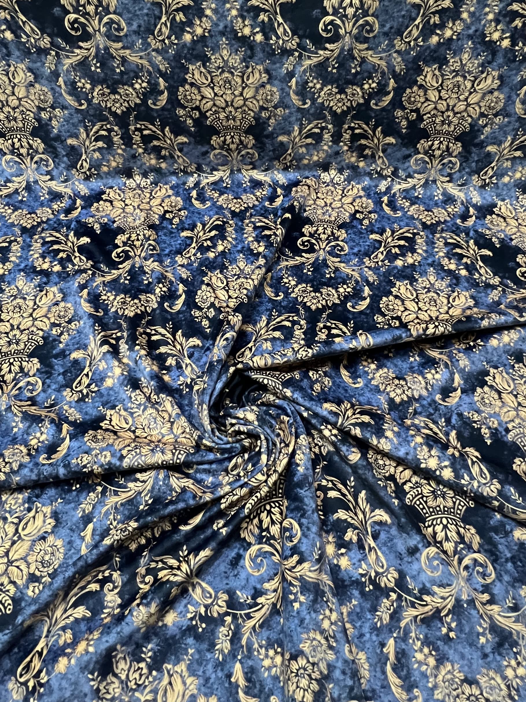 Decora Furnishings Damask Design Digitally Printed Velvet Finish Fabric for Upholstery, Chairs, Cushions, Window Treatments Crafts Rennaisance Rococo Victorian Style 54" Width By the Yard (Royal Blue)