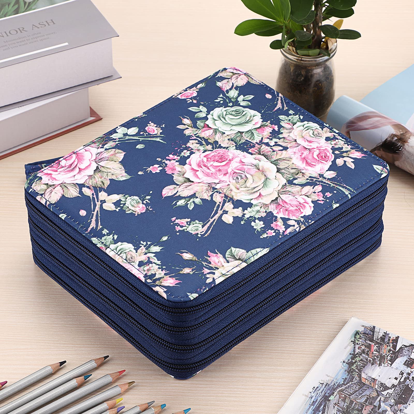 BTSKY Colored Pencil Bag- 160 Slots Pencil Holder Pen Bag Large Capacity Pencil Organizer with Handle Strap Handy Colored Pencil Box with Printing Pattern (Dark Blue Rose)